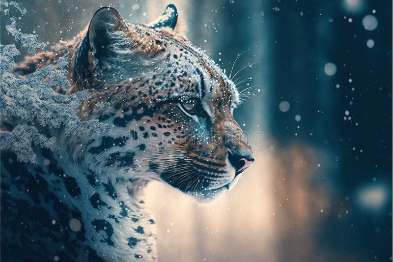 White Leopard Face in Snow Winter Forest, Predator in Wilderness Stock ...