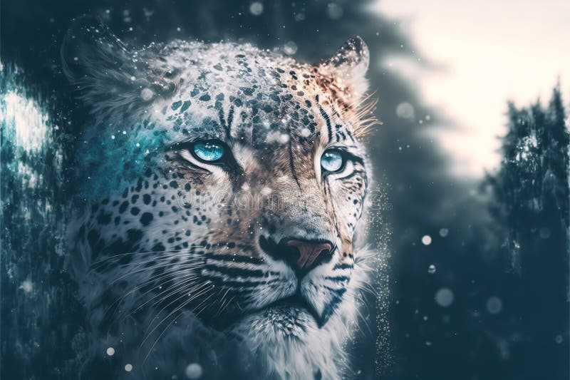 White Leopard Face in Snow Winter Forest, Predator in Wilderness Stock ...