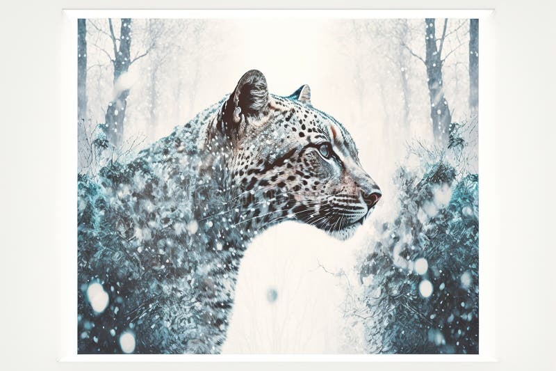 White Leopard Face in Snow Winter Forest, Predator in Wilderness Stock ...