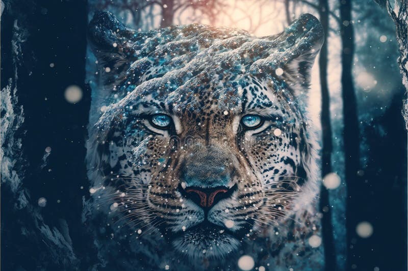 White Leopard Face in Snow Winter Forest, Predator in Wilderness Stock ...