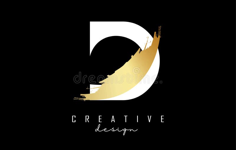 White Letter D Logo with Golden Brush Stroke and Creative Cut on a ...