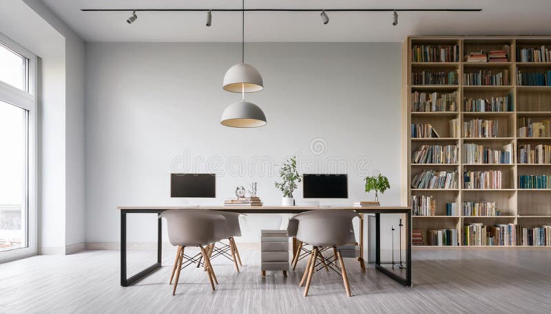 White Library Interior with Bookshelf and Work Desk with Seats, Mock Up ...
