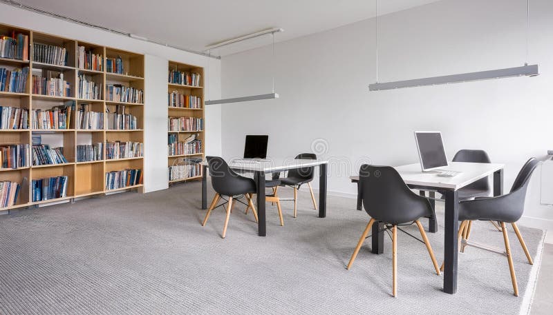 White Library Interior with Bookshelf and Work Desk with Seats, Mock Up ...
