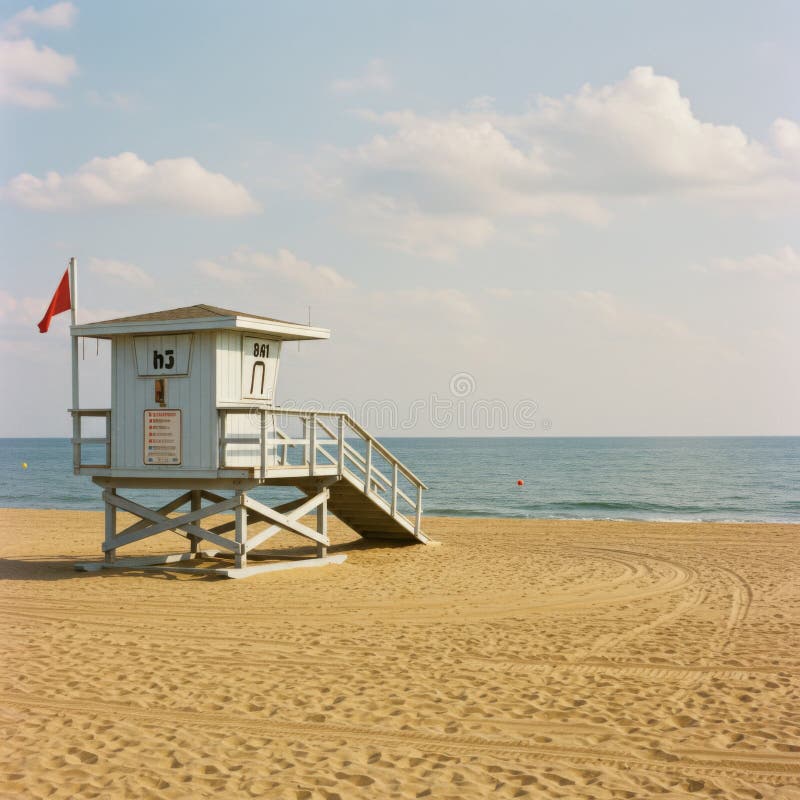 White Lifeguard Stand on Sandy Beach with Calm Ocean Stock Illustration ...