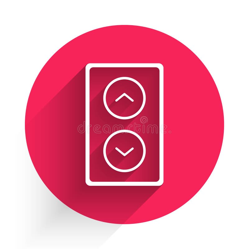 White Lift Icon Isolated with Long Shadow. Elevator Symbol. Red Circle ...