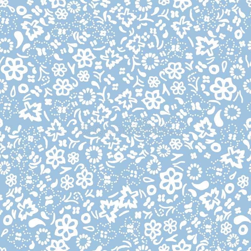 White on Light Blue Hand Drawn Random Flower and Leaf Seamless Repeat ...