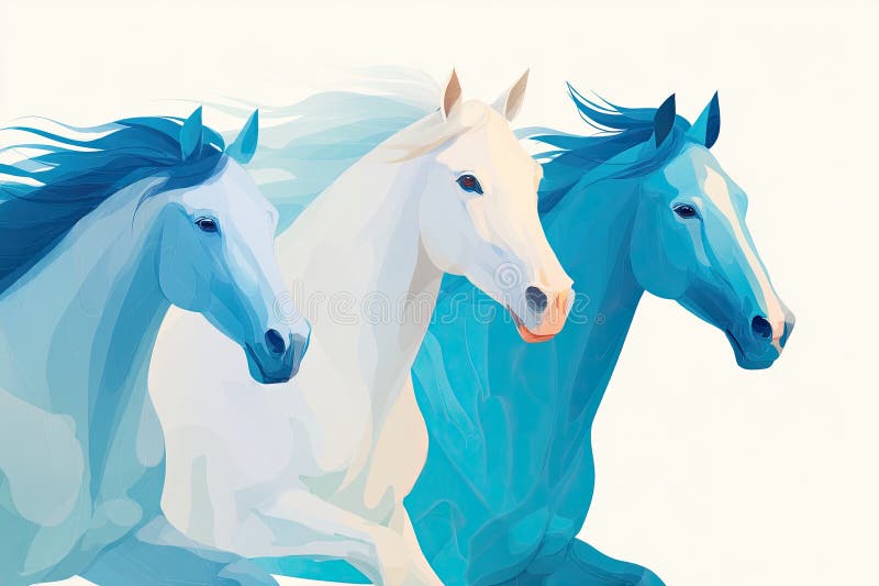 Three Horses Running with Long Mane and Stylized Blue Color Stock Image ...
