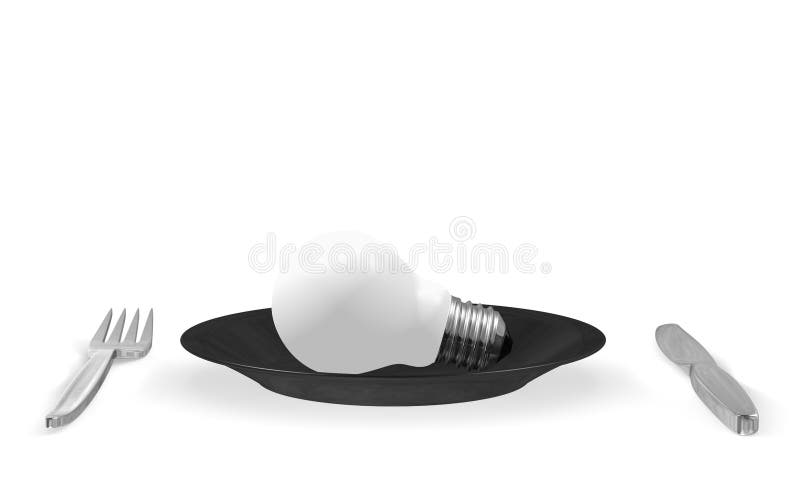 White Light Bulb, Black Plate, Steel Fork and Knife. Front View Stock ...