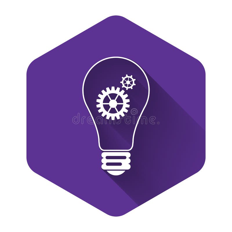 White Light Bulb and Gear Inside Icon Isolated with Long Shadow ... White Light Bulb and Gear Inside Icon Isolated with Long Shadow ...