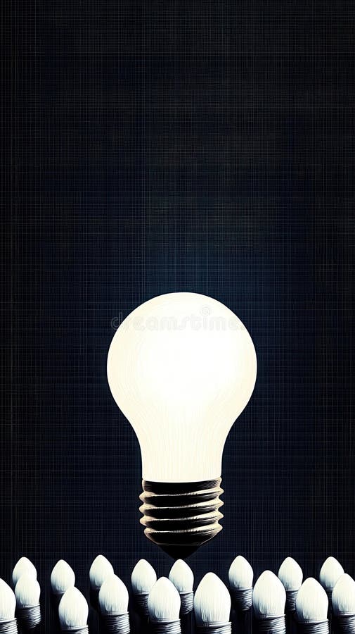 White Light Bulb Surrounded by White Bulbs on Dark Background Stock ...