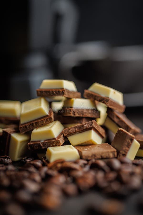 White Light Dark Chocolate Bars and Coffee Beans on Black Table Stock ...