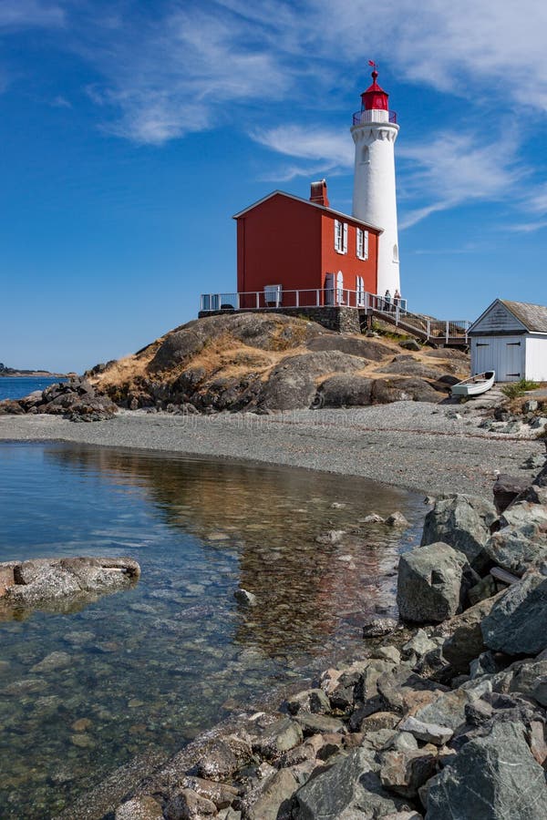 White Lighthouse on Rock Strewn Beach Stock Image - Image of nature ...