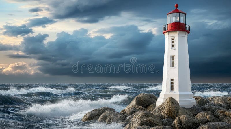 A White Lighthouse on Rocks in the Rough Sea Under a Dark Stormy Sky ...