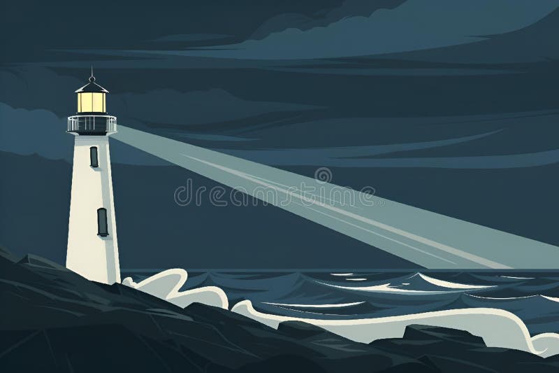 White Lighthouse Stands on Rocky Cliffs by the Ocean, AI-generated. Stock Illustration ...