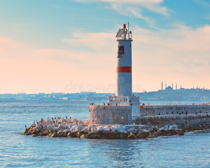White Lighthouse with View To Istanbul, Turkey Stock Photo - Image of ...