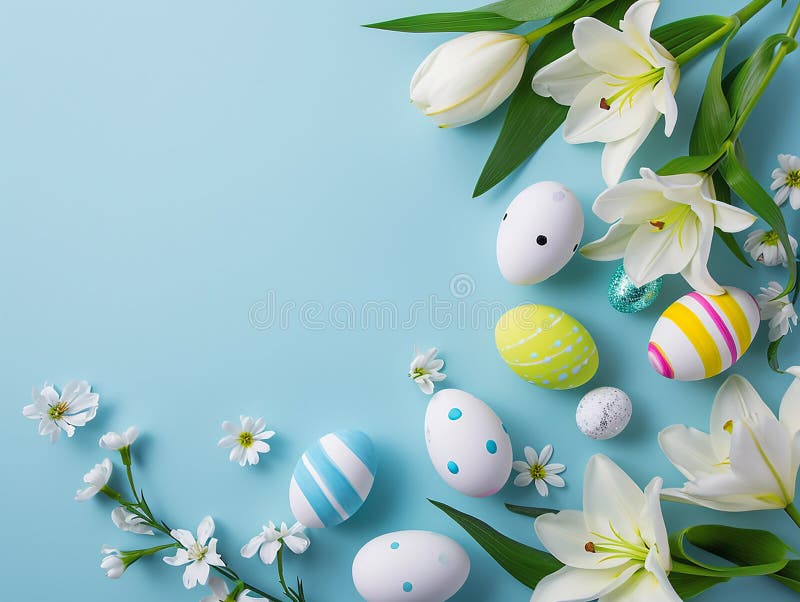 White Lilies and Colorful Easter Eggs on a Blue Background Stock ...