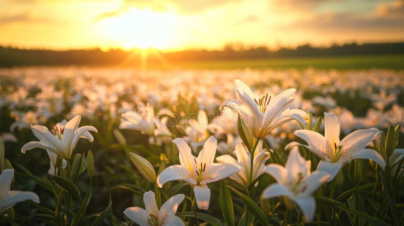 White Lilies Field at Sunset Stock Illustration - Illustration of white ...