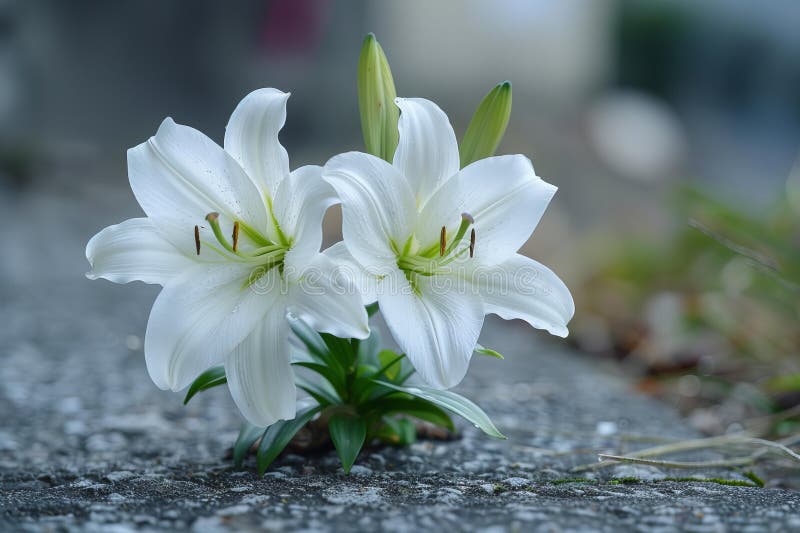 White Lilies are on a Grey Concrete Surface, High Quality, High ...