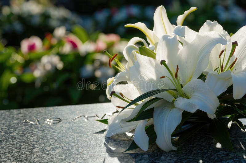 White Lilies on Polished Tombstone with Copy Space for Compassionate ...