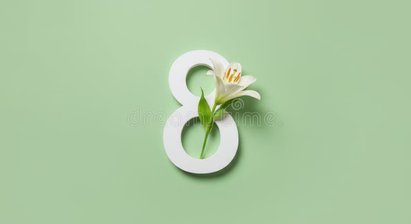White Lily Blooming through Number Eight on Soft Green Background Stock ...