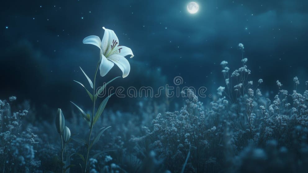 White Lily Blooming Under Moonlight in Night Field Stock Illustration ...