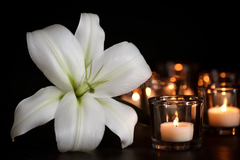 White Lily And Burning Candles On Table Funeral Symbol Stock Image Image Of Candlelight