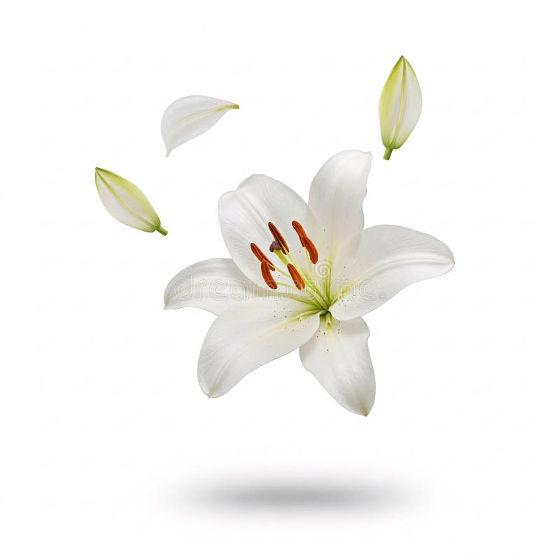 White Lily Flowers and Petals Falling Isolated on White Background ...