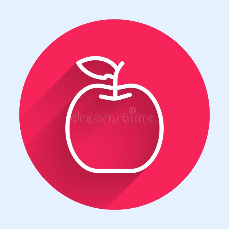 White Line Apple Icon Isolated with Long Shadow. Fruit with Leaf Symbol ...