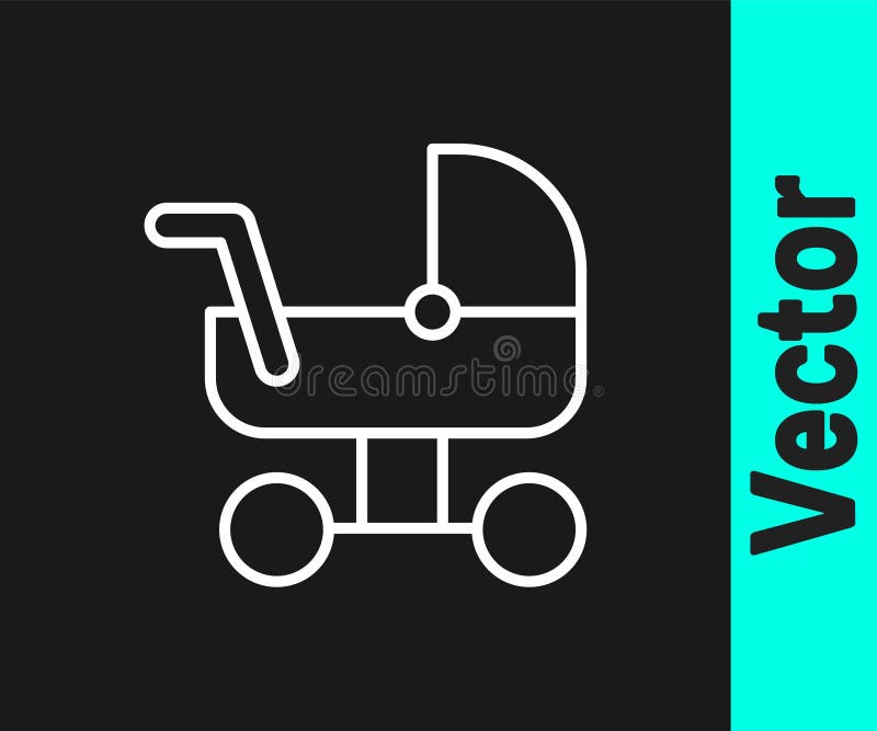 White Line Baby Stroller Icon Isolated on Black Background. Baby ...