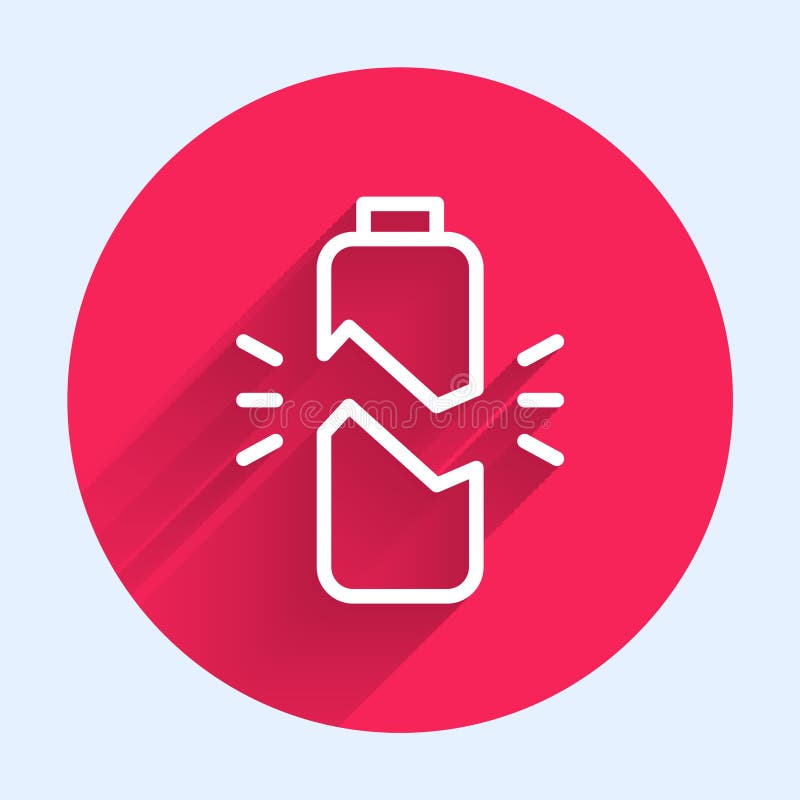 White Line Broken Battery Icon Isolated with Long Shadow. Red Circle ...