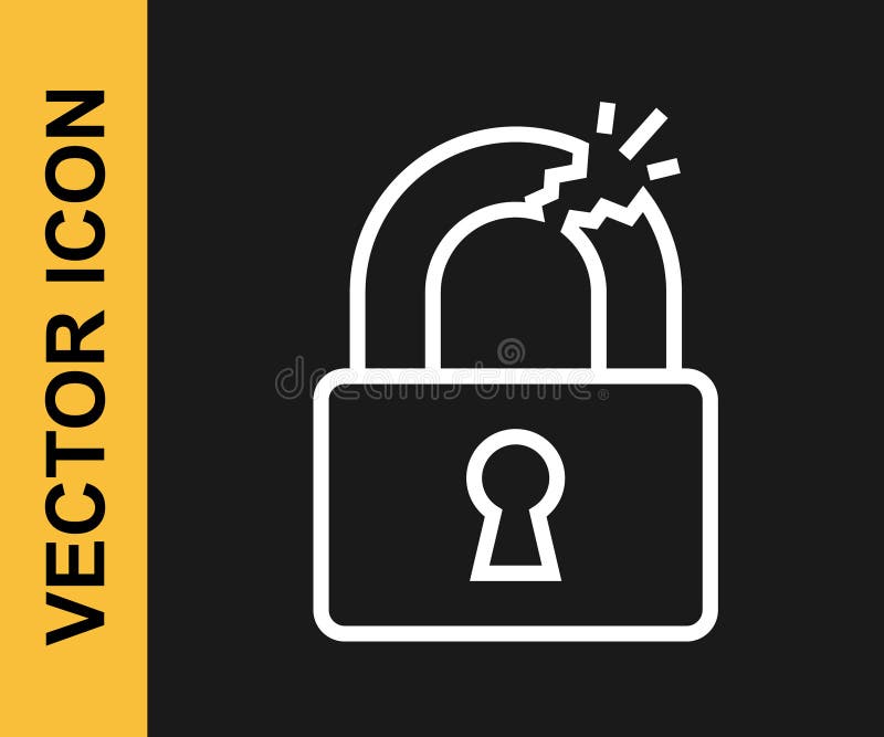 White Line Broken or Cracked Lock Icon Isolated on Black Background ...
