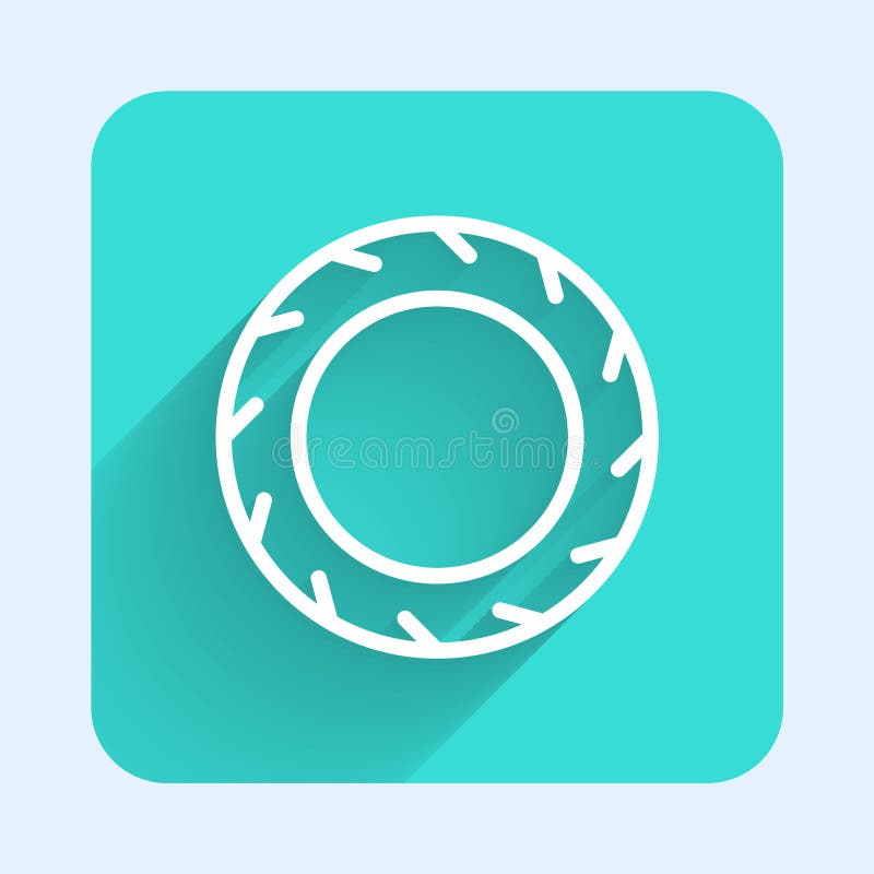 White Line Car Tire Wheel Icon Isolated with Long Shadow. Green Square ...