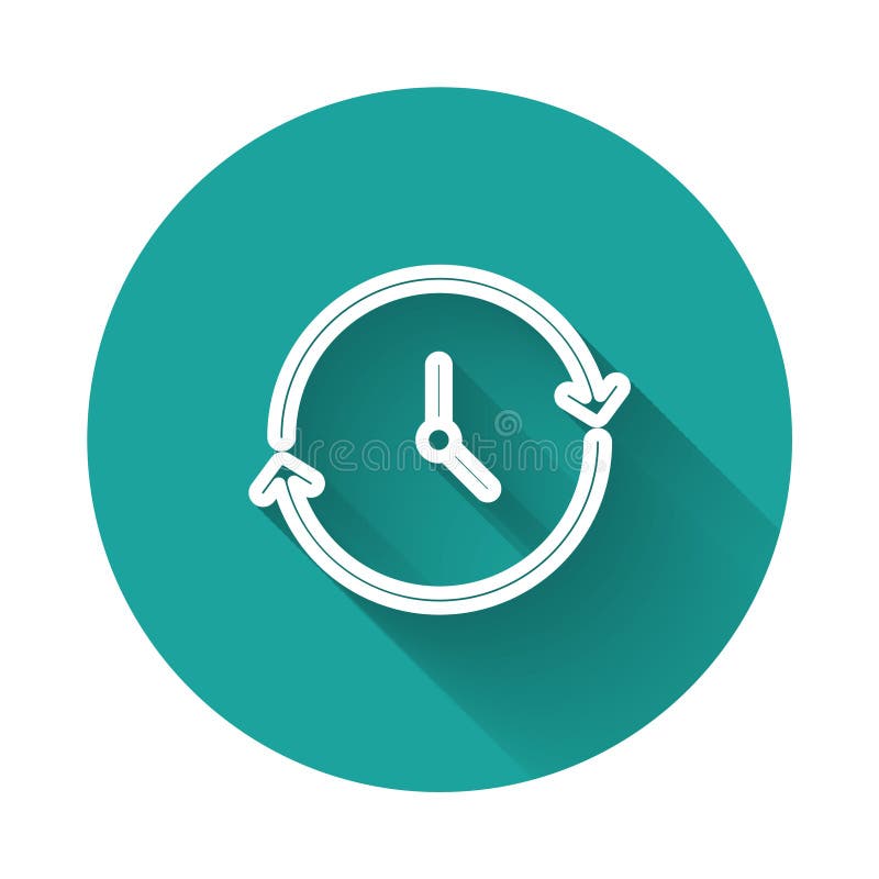 White Line Clock Icon Isolated with Long Shadow. Time Symbol. Green ...