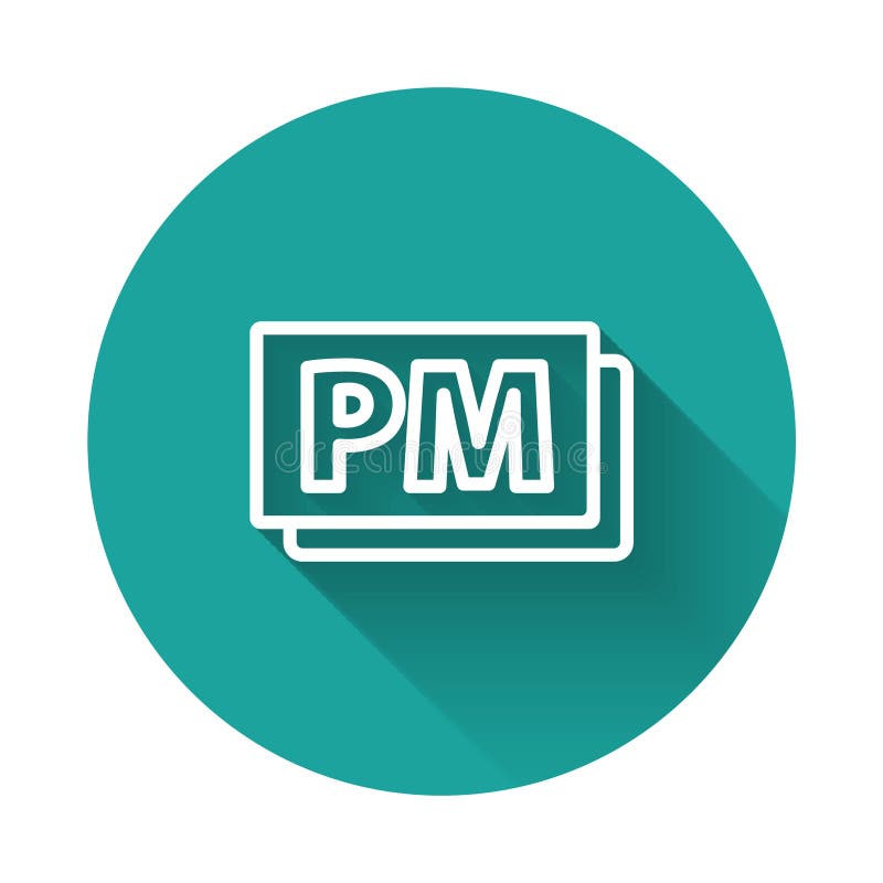 White Line Clock PM Icon Isolated with Long Shadow. Time Symbol. Green ...