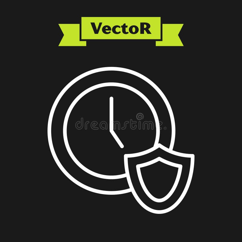 White Line Clock with Shield Icon Isolated on Black Background ...