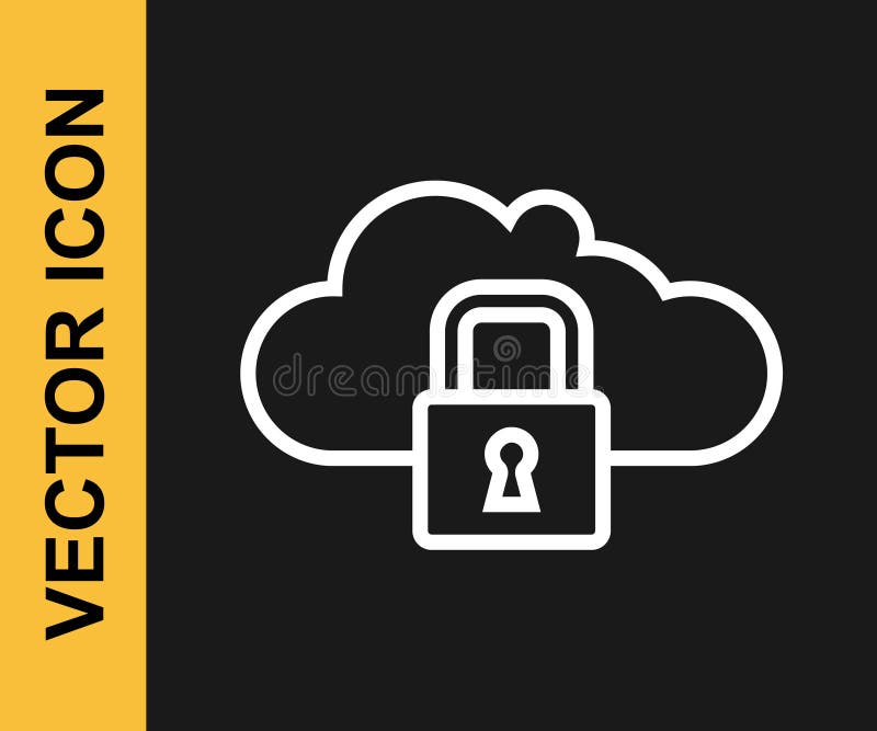White Line Cloud Computing Lock Icon Isolated on Black Background. Security, Safety, Protection ...