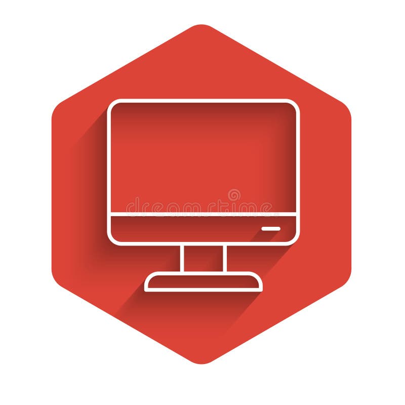 White Line Computer Monitor Screen Icon Isolated with Long Shadow ...