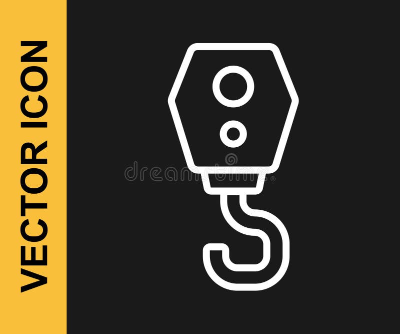 White Line Crane Hook Icon Isolated on Black Background. Industrial ...