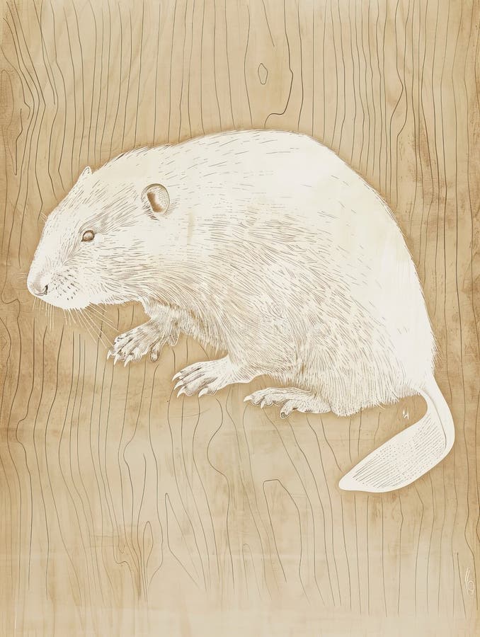 White Line Drawing of a Beaver on a Light Brown Wood-grain Background ...