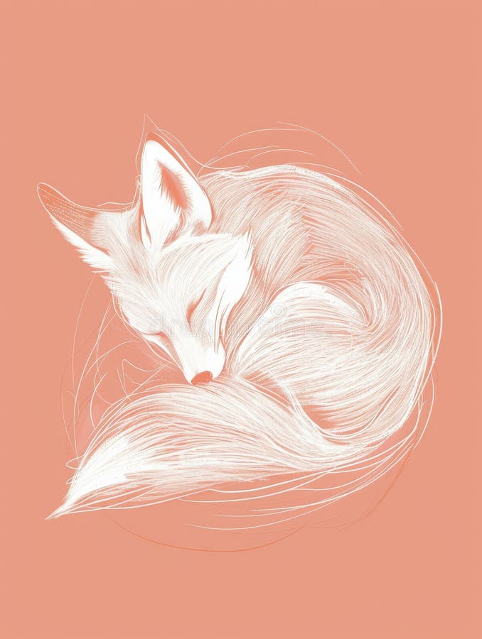 A White Line Drawing of a Fox Curled Up in Sleep, Resting on a Soft ...