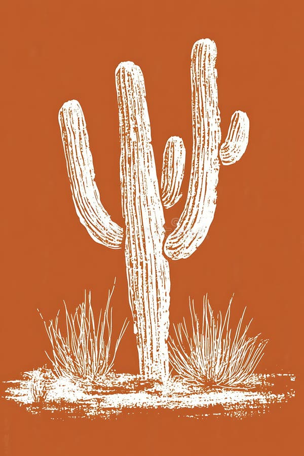 White Line Drawing of a Tall, Multi-armed Cactus, Likely a Saguaro ...