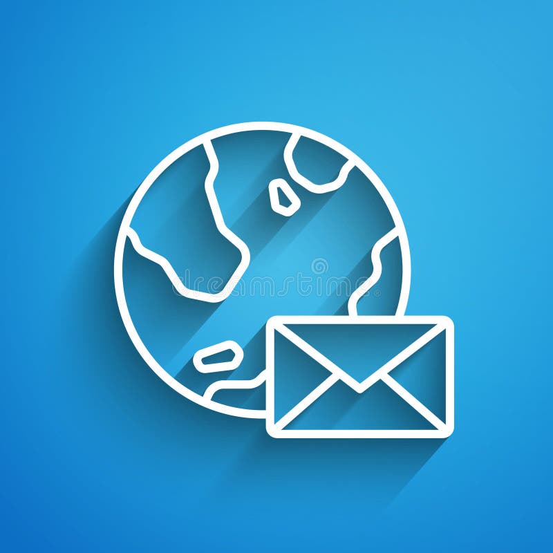 White Line Earth Globe with Mail and E-mail Icon Isolated on Blue ...