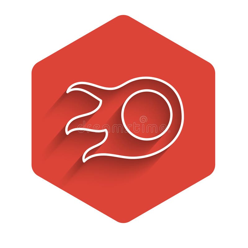 White Line Fireball Icon Isolated with Long Shadow. Red Hexagon Button ...