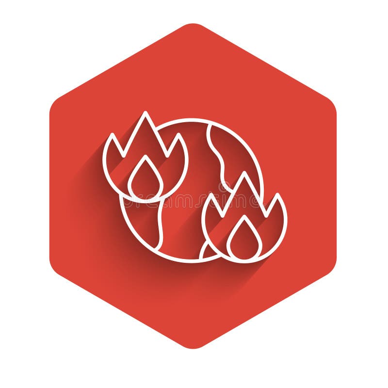 White Line Global Warming Fire Icon Isolated with Long Shadow. Red ...