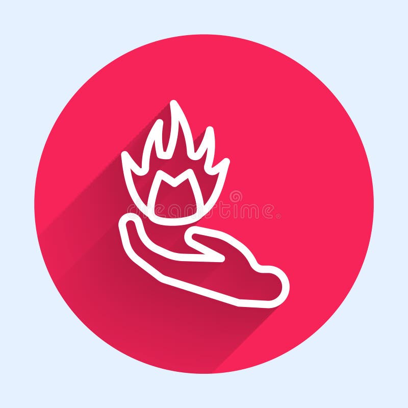 White Line Hand Holding a Fire Icon Isolated with Long Shadow. Red ...