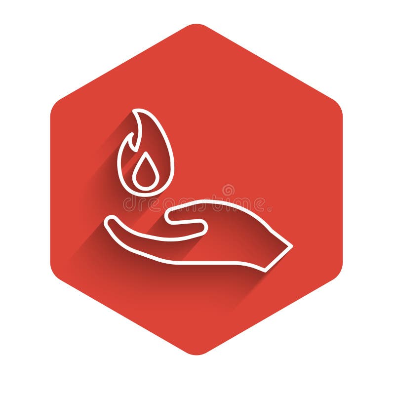 White Line Hand Holding a Fire Icon Isolated with Long Shadow. Red ...