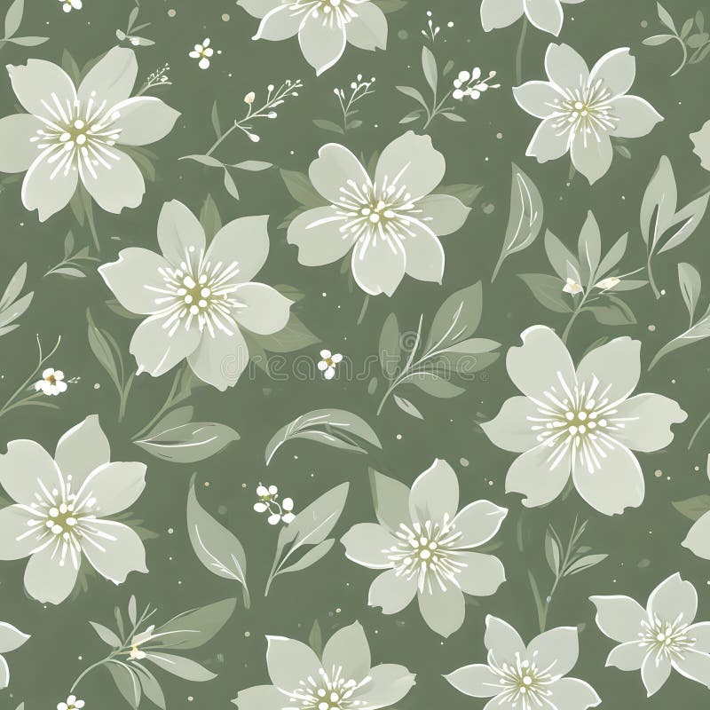 White Line Image of Flowers on a Sage Green Background Pattern Stock ...
