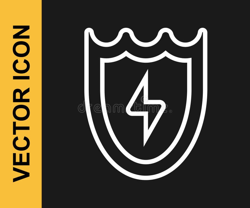 White Line Lightning and Shield Icon Isolated on Black Background. High ...