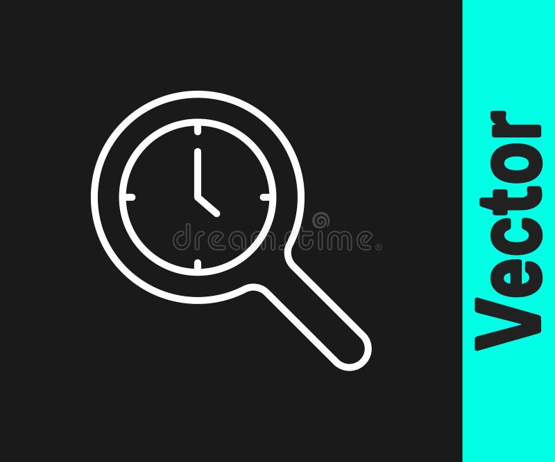 White Line Magnifying Glass with Clock Icon Isolated on Black ...