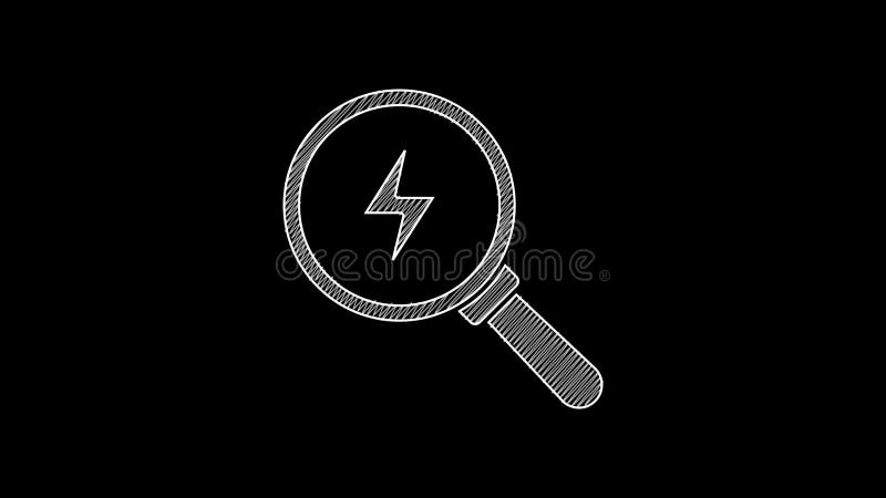 White Line Magnifying Glass with Lightning Bolt Icon Isolated on Black ...